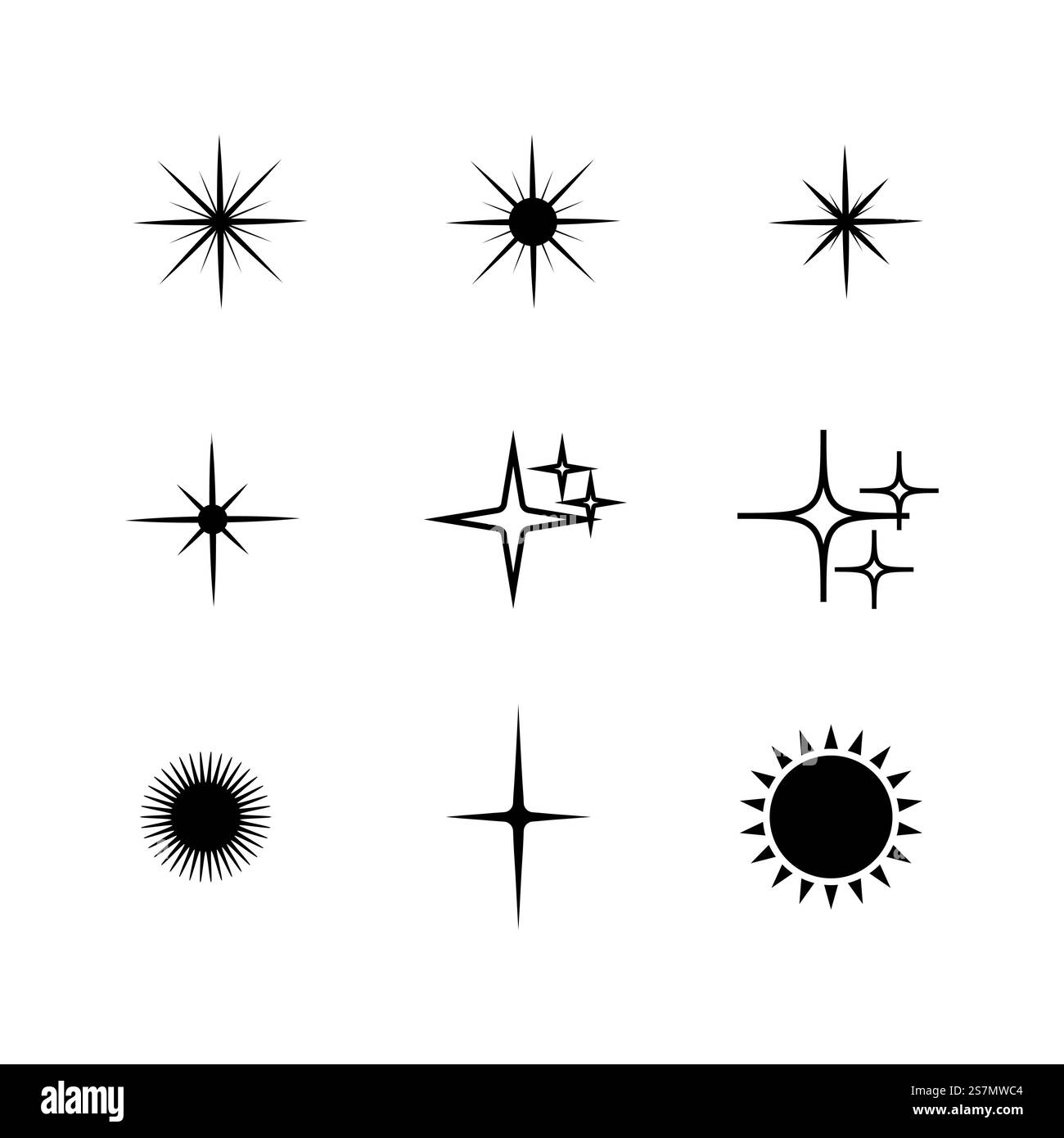 Star shape flash silhouette set, Collection of twinkling stars and sun ...