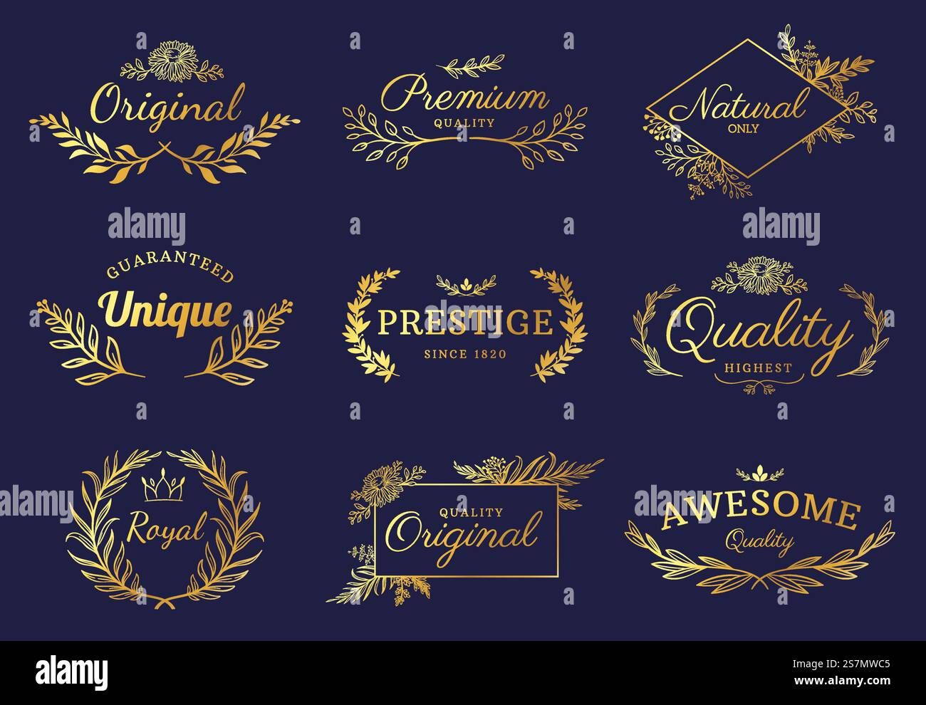 Golden ornament labels. Luxury floral badges and logo with leaf ...