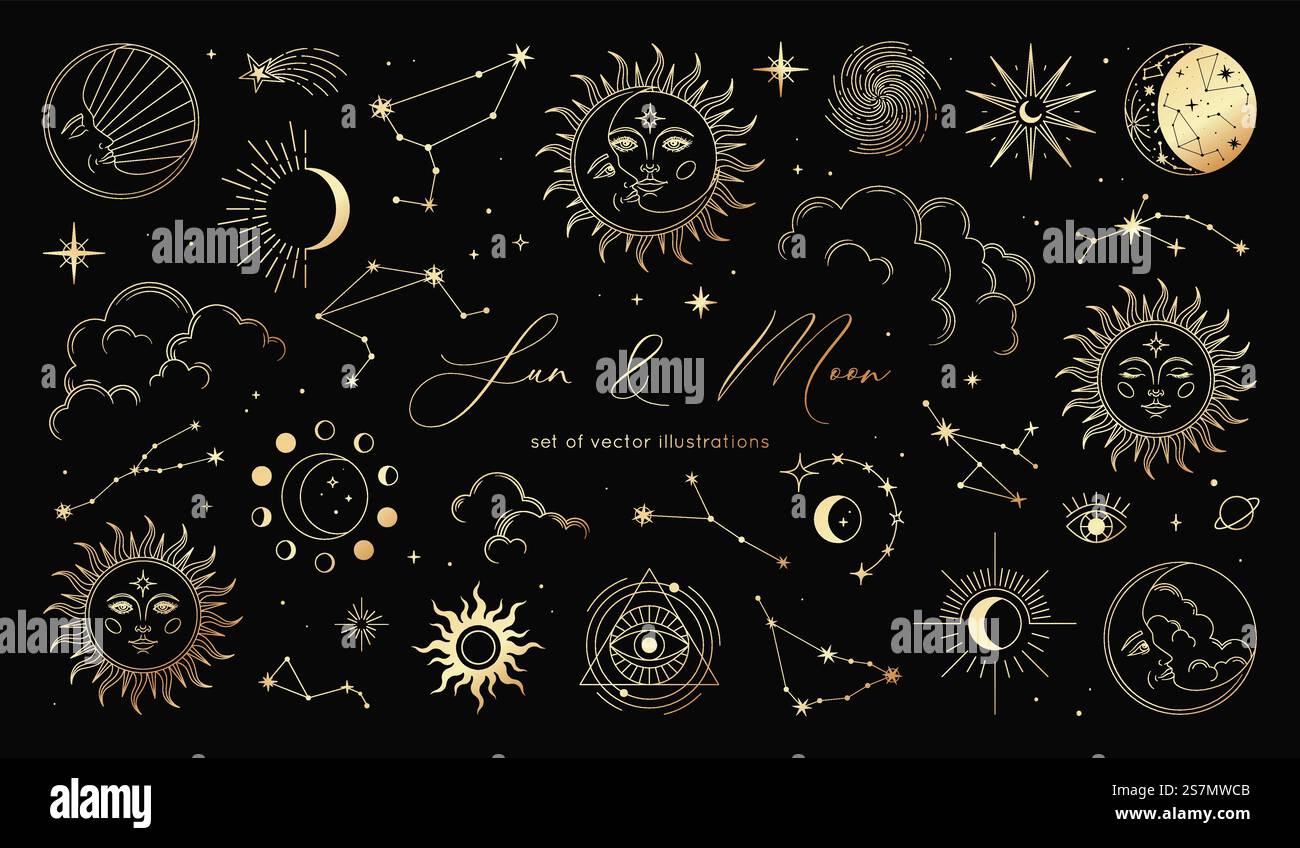 Golden set of sun, moon, stars, clouds, constellations and esoteric symbols. Alchemy mystical ...