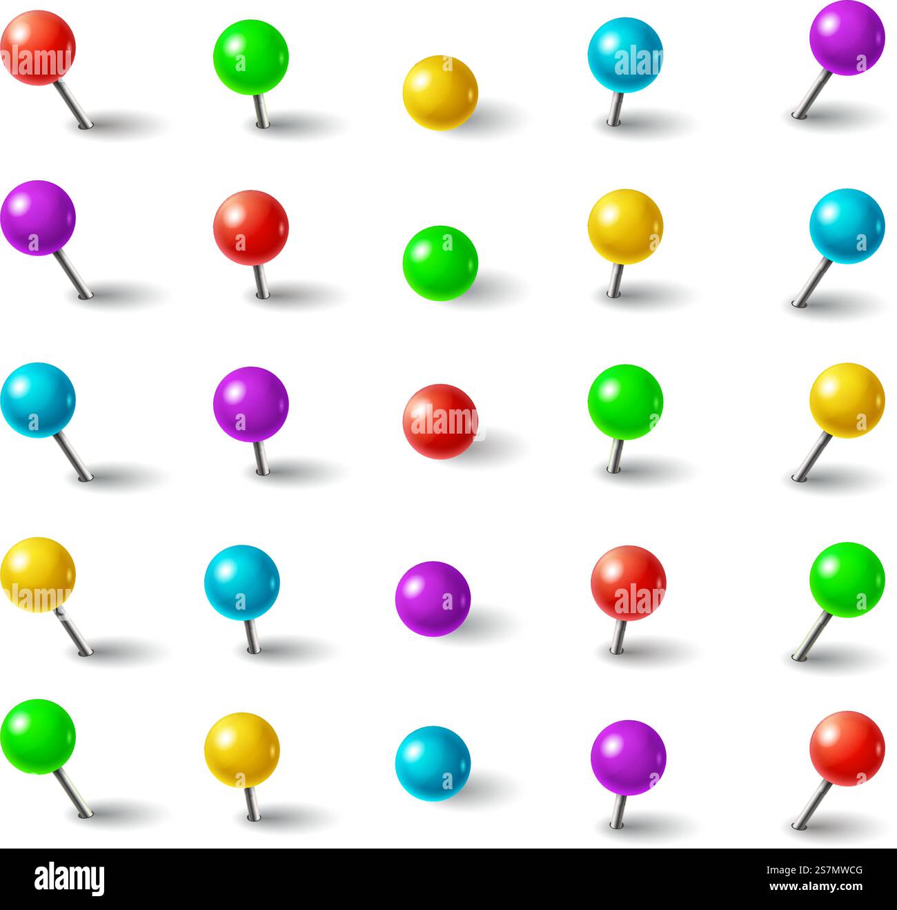 Realistic 3d color plastic push pins with round head and needle in ...