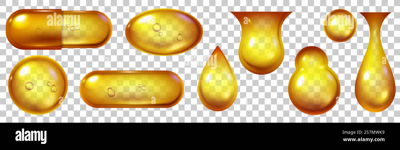 Oil capsule. Realistic vitamin golden gel pills with omega 3 fish or ...