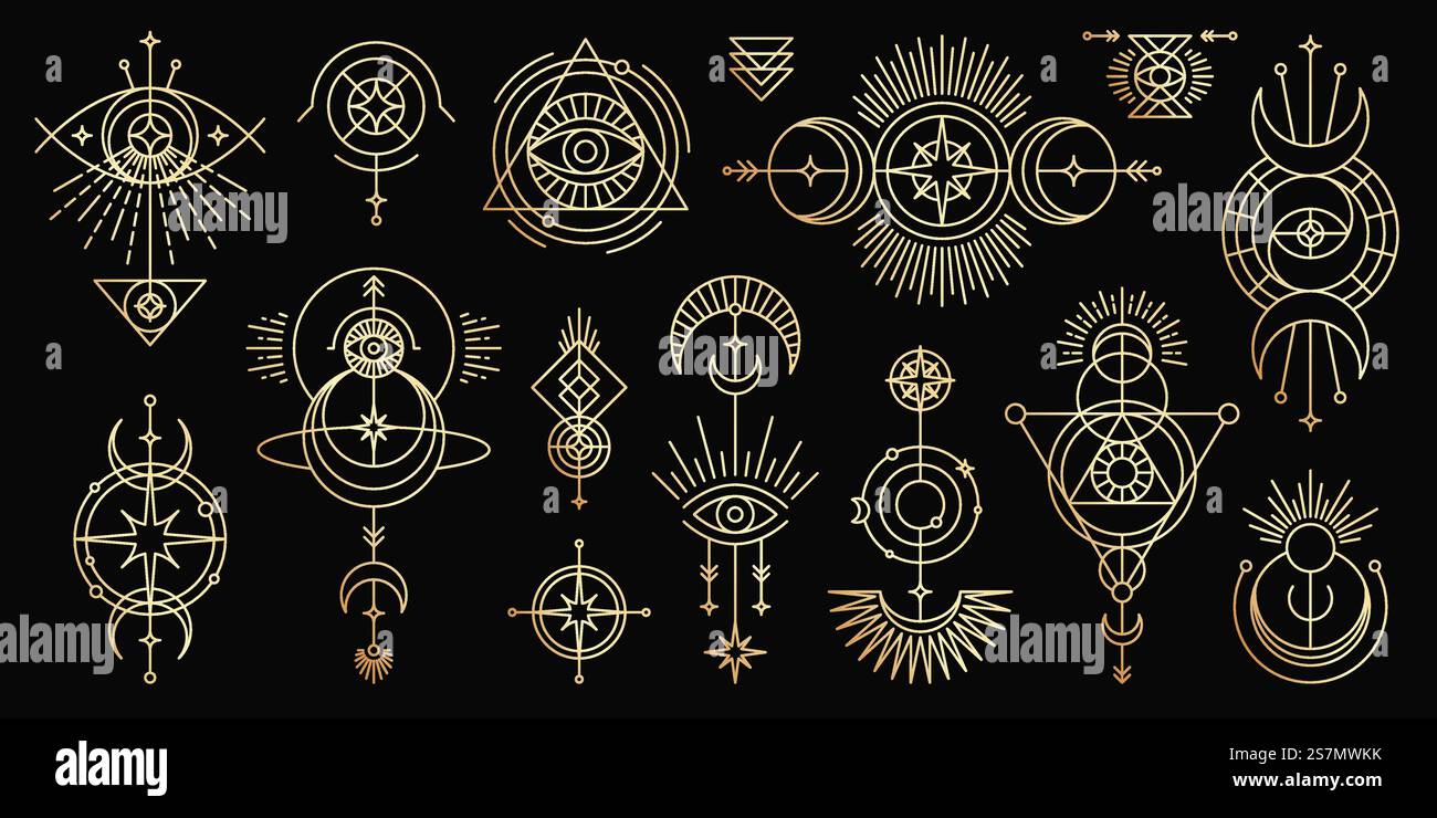 Vector golden set of mystical magic symbols. Spiritual occultism line objects with sun, moon ...