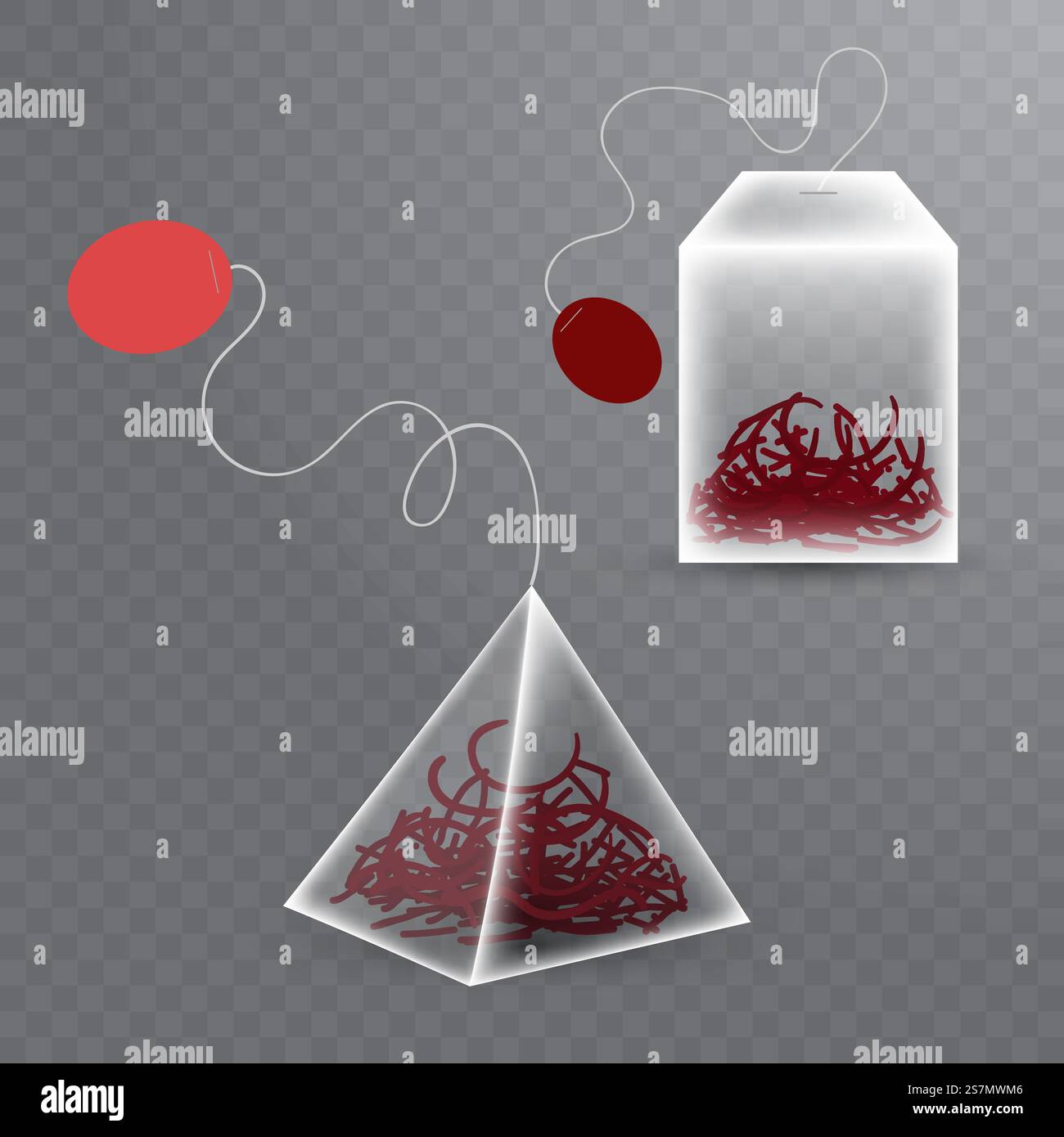 Realistic tea bags of two different forms with red hibiskus tea on ...