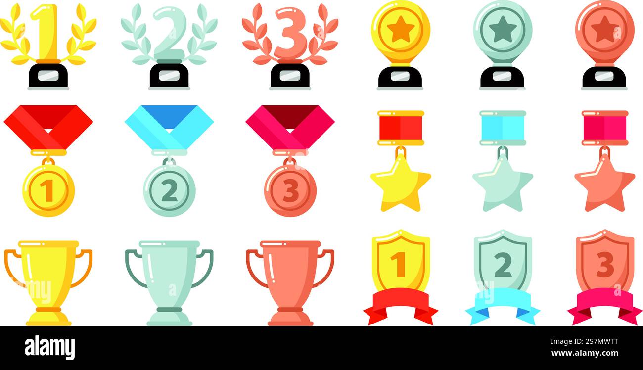 Gold, silver, bronze achievement or awards. Medals, trophies and ...