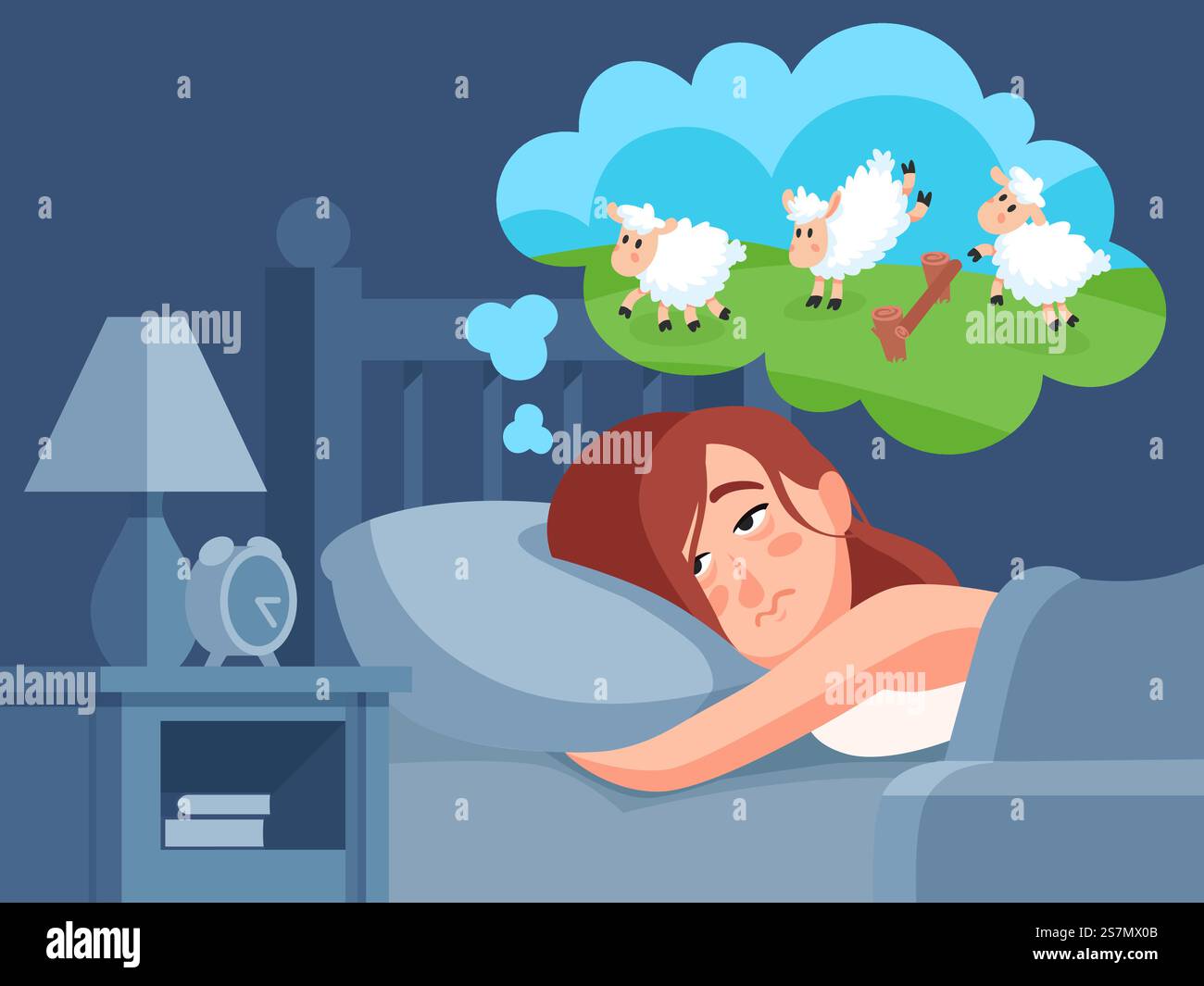 Woman counts sheep to sleep. Insomnia cartoon vector illustration. Girl ...