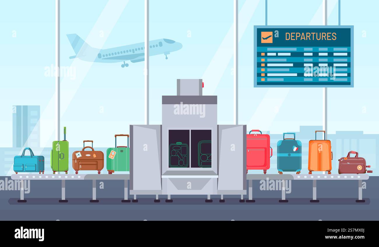 Airport baggage scanner. Conveyor belt with luggage and inspection ...