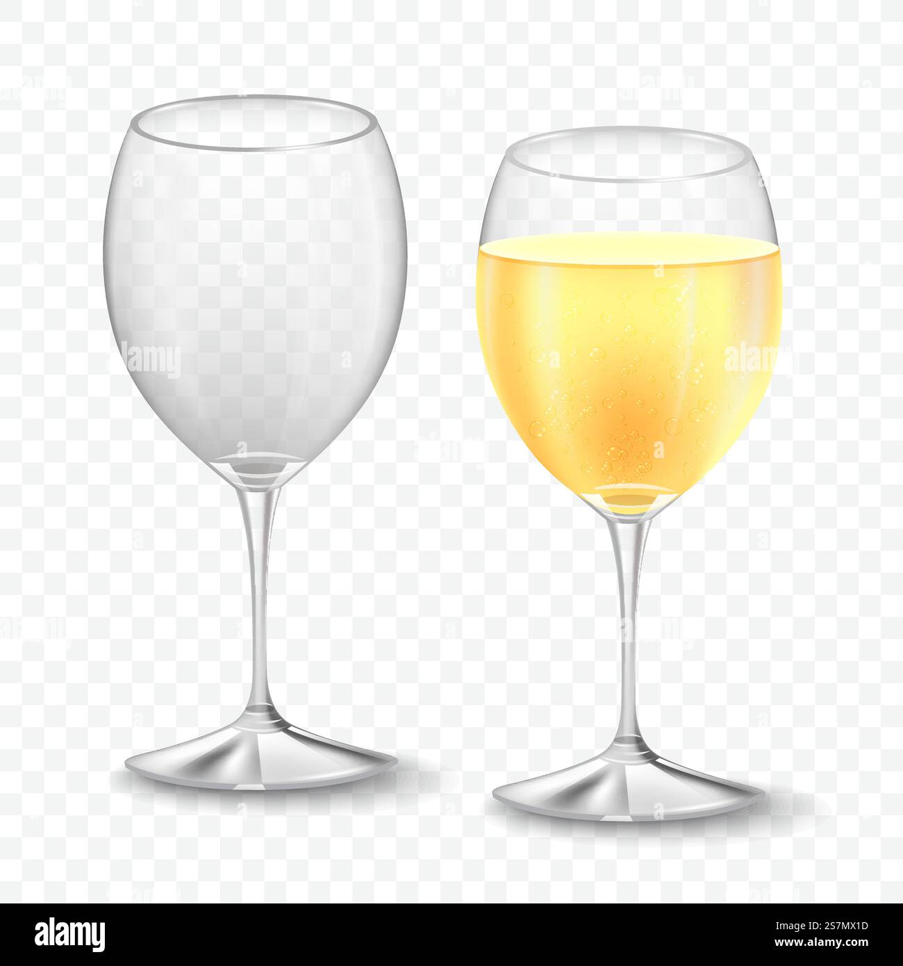 Empty and full wine glasses with champagne. Holiday concept isolated on ...