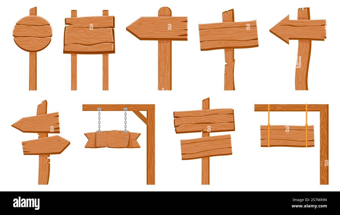 Wooden signboards. Empty wood plank round and arrow signs. Cartoon old ...
