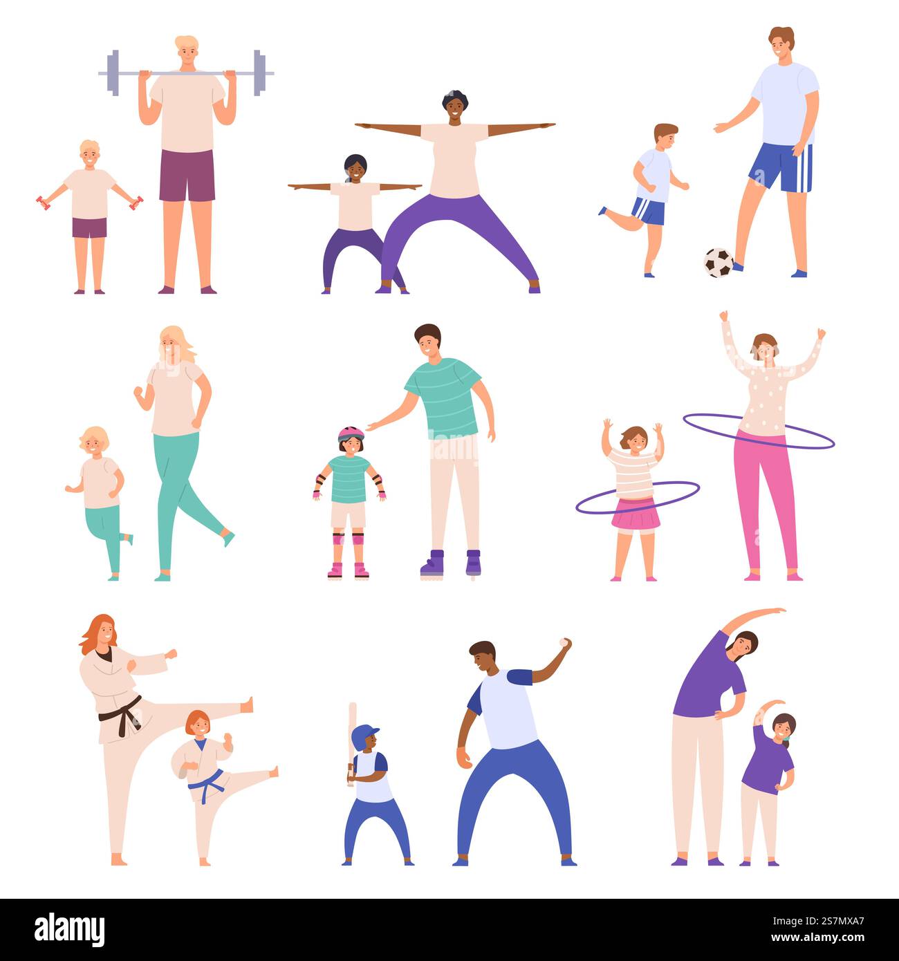 Parents and children doing sport. Father and son play football, mother ...