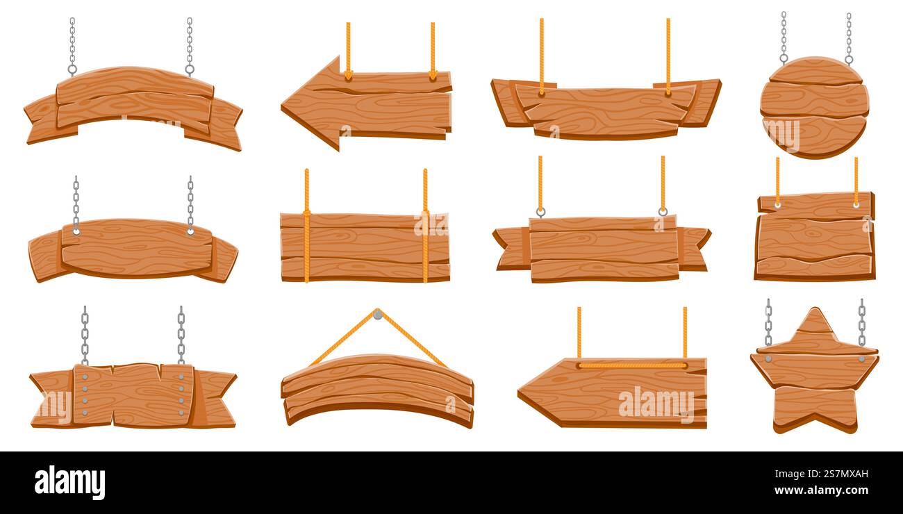 Wood signboards hanging on rope. Wooden blank banners and arrow signs ...