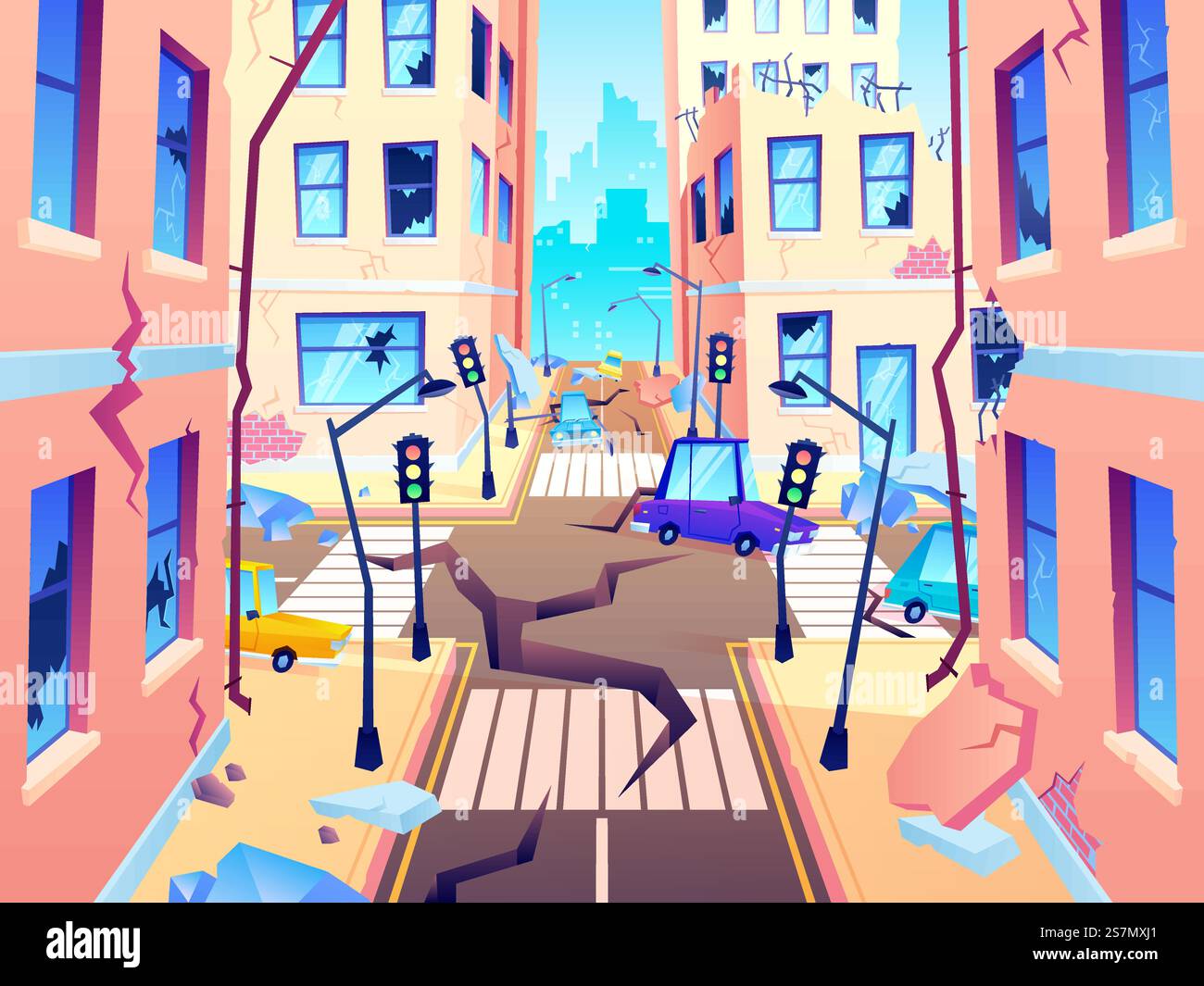 Damaged city street. Earthquake damage, cataclysm damages road ...