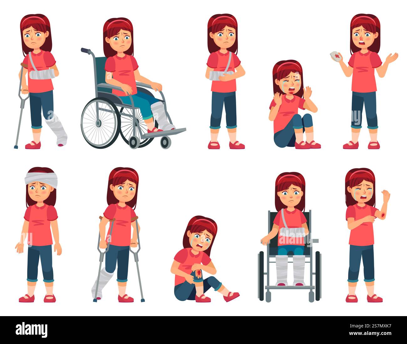 Girl with injury. Child with bruised hand, nose blood and broken leg or ...