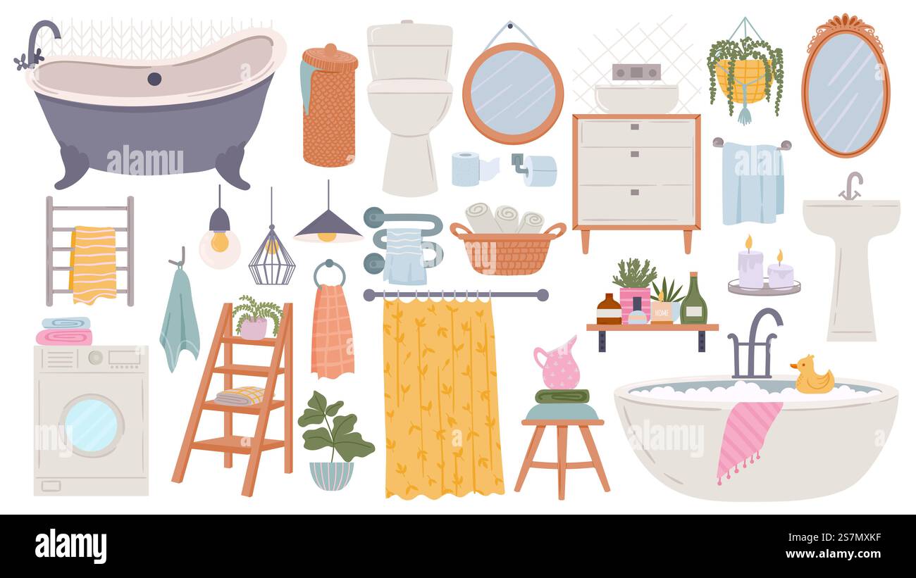 Bathroom furniture. Modern scandinavian bathtub, sink and toilet. Flat hygge bath interior ...