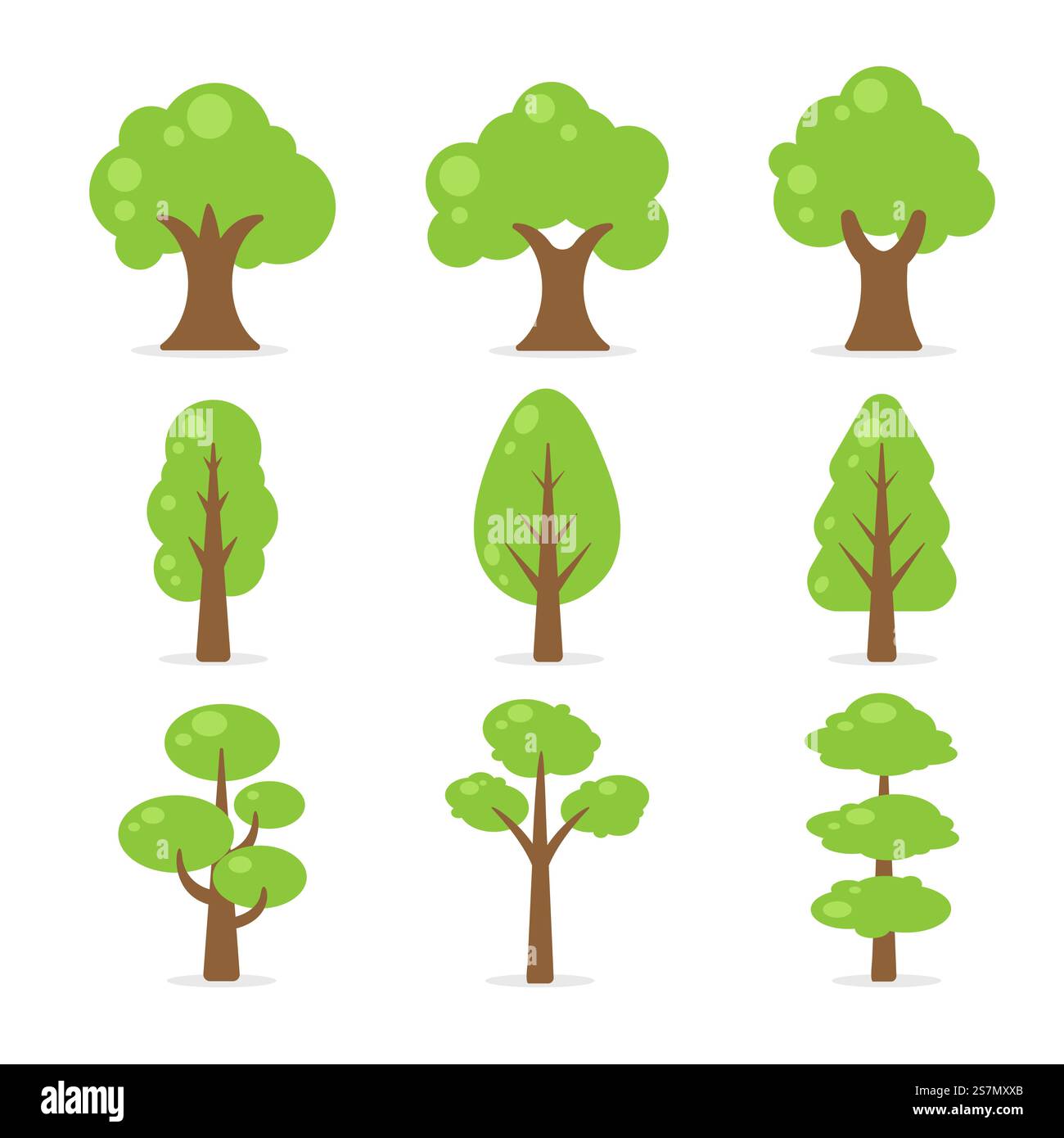 Flat tree collection. Simple shapes of green trees Isolated on white ...