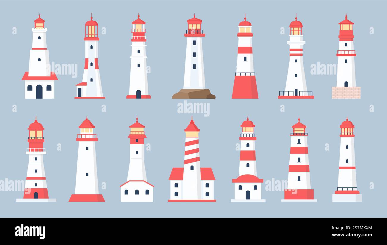 Lighthouse towers. Cartoon sea beacon design. Coastline marine ...