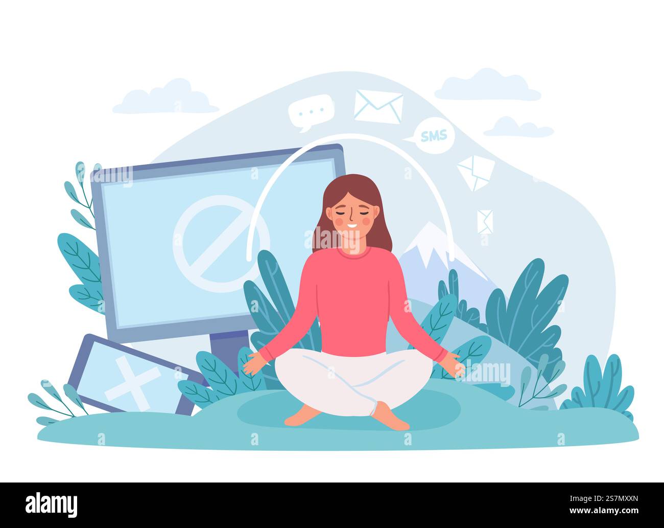Digital detox. Woman in lotus pose meditate and take break from ...