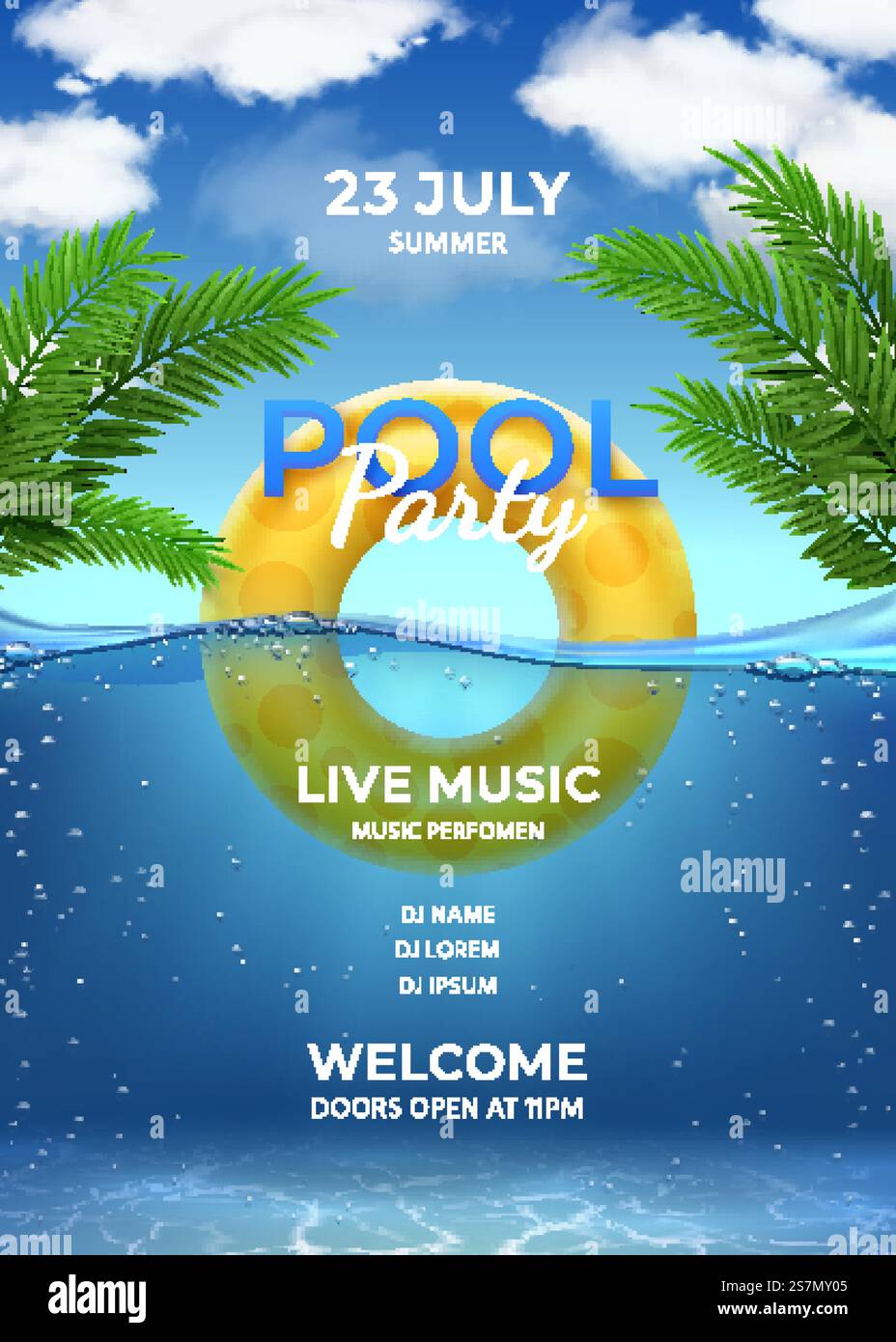 Pool party. Summer swimming party invitation template with inflatable ...