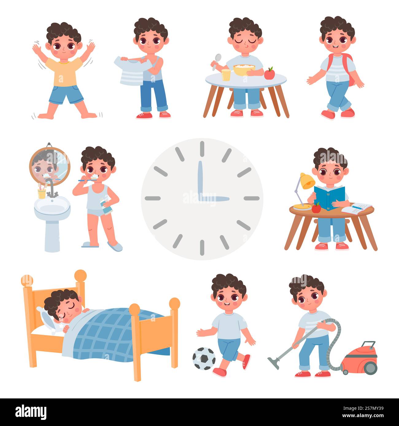 Day routine activity for cartoon school kid boy. Daily schedule with ...