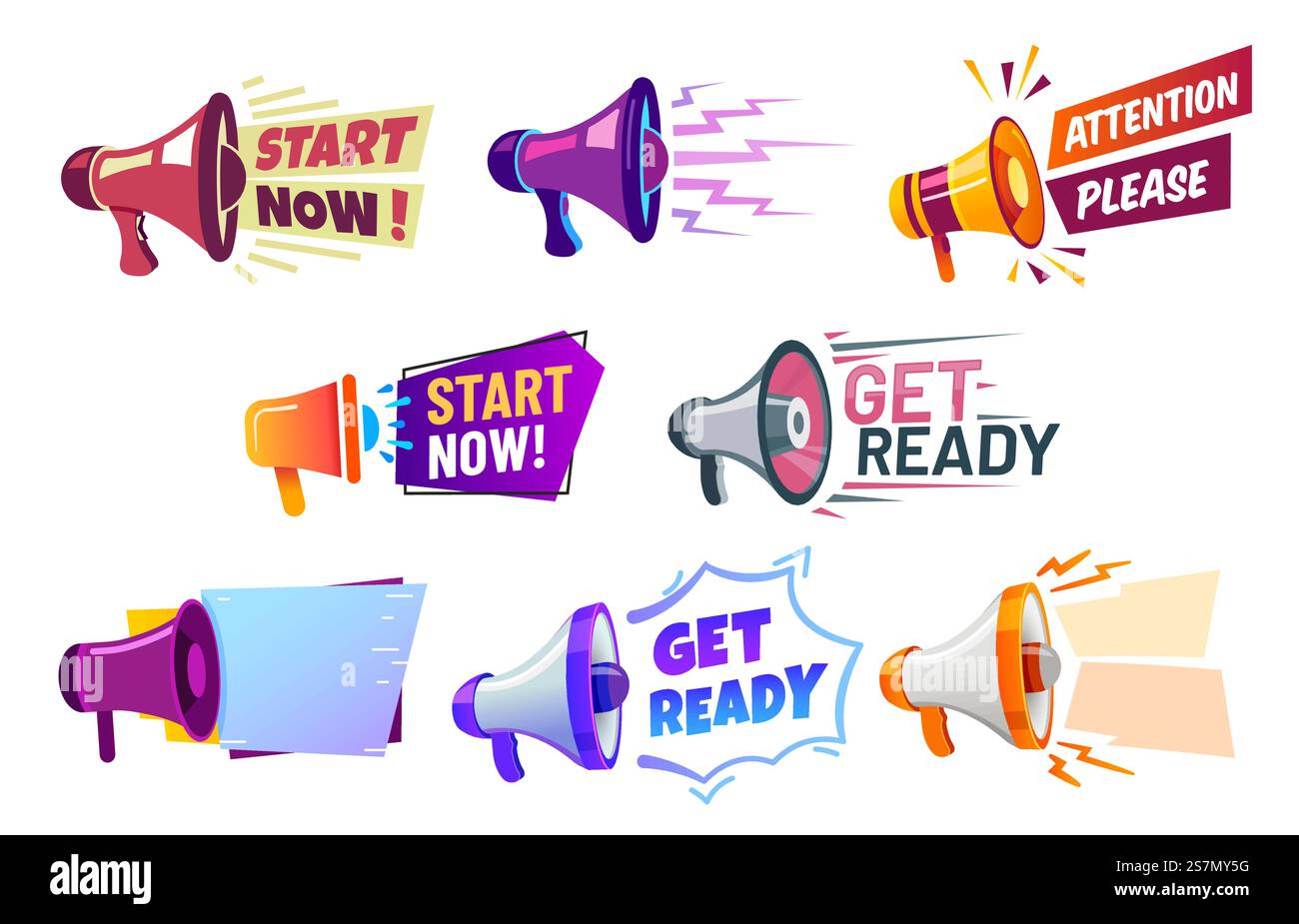 Advertising banners with megaphone. Get ready badge speaker, attention ...