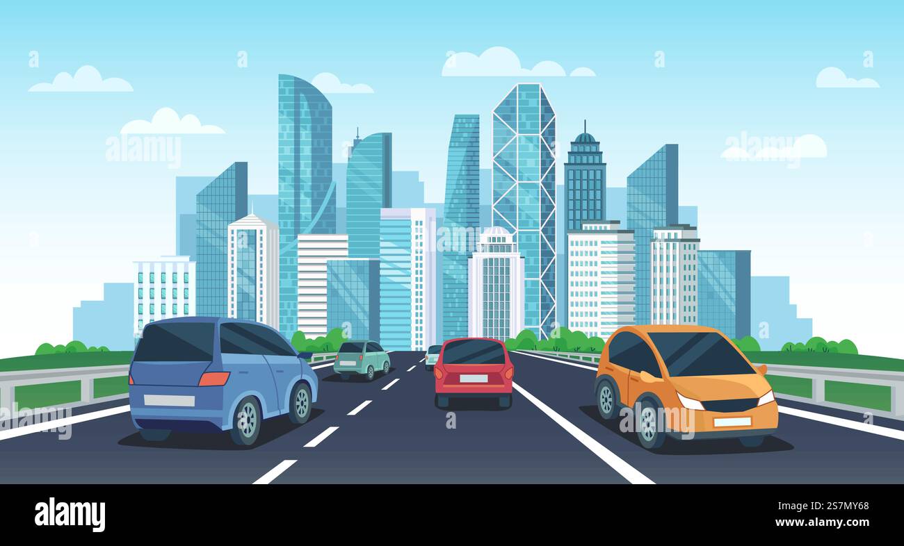 Cars on highway to town. City road perspective view, urban landscape ...