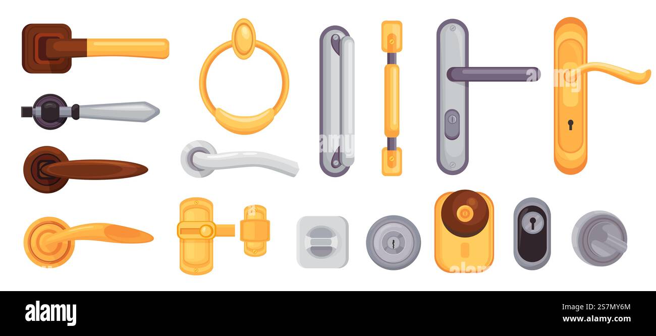 Door handle and knob. Cartoon modern metal and golden locks, latches ...