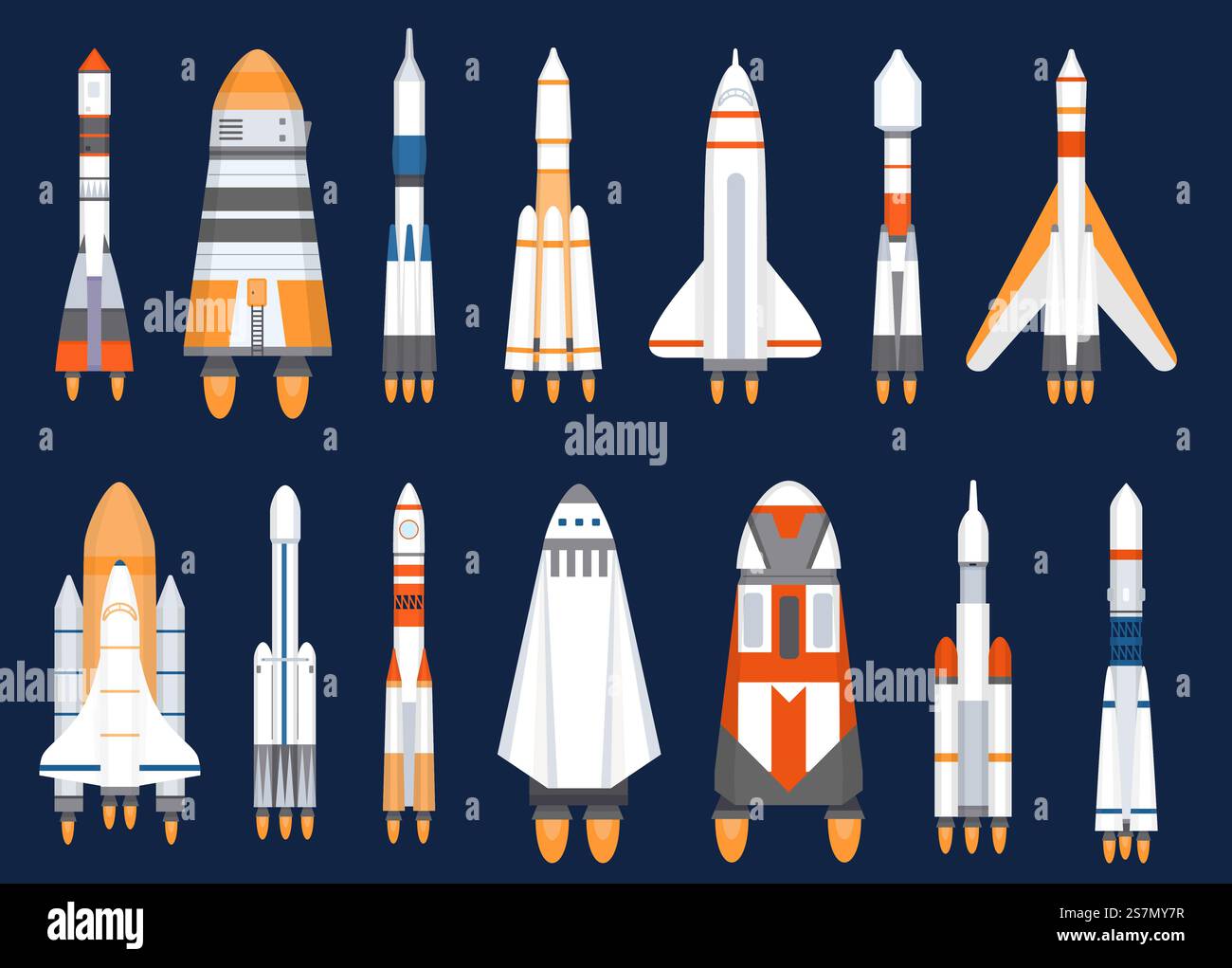 Space rockets. Flat spaceship shuttles launched for cosmic explore mission. Futuristic galaxy ...