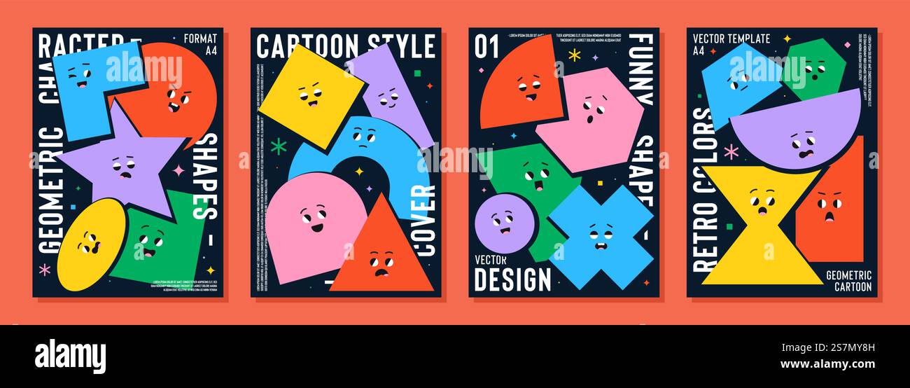 Poster set with cute cartoon geometric figures with different face ...