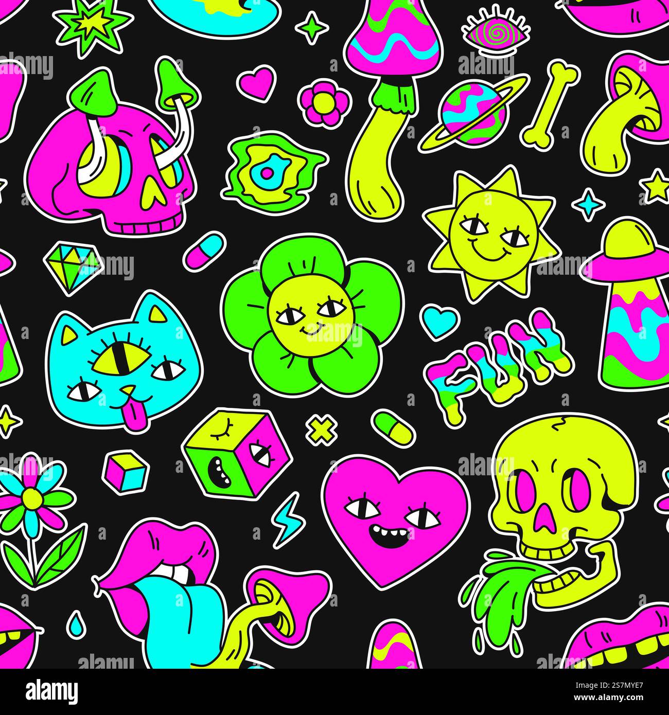 Surreal trippy seamless pattern with mushrooms and weird characters ...