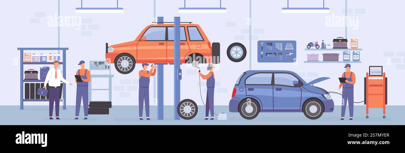 Car repair workshop. Auto service interior with mechanic workers ...