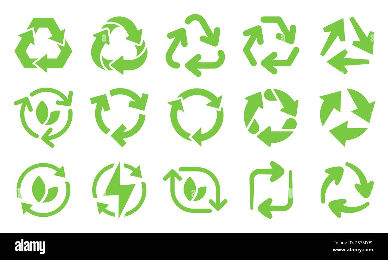 Green eco recycle arrows icons. Reload arrows, recyclable trash and ecological bio recycling ...