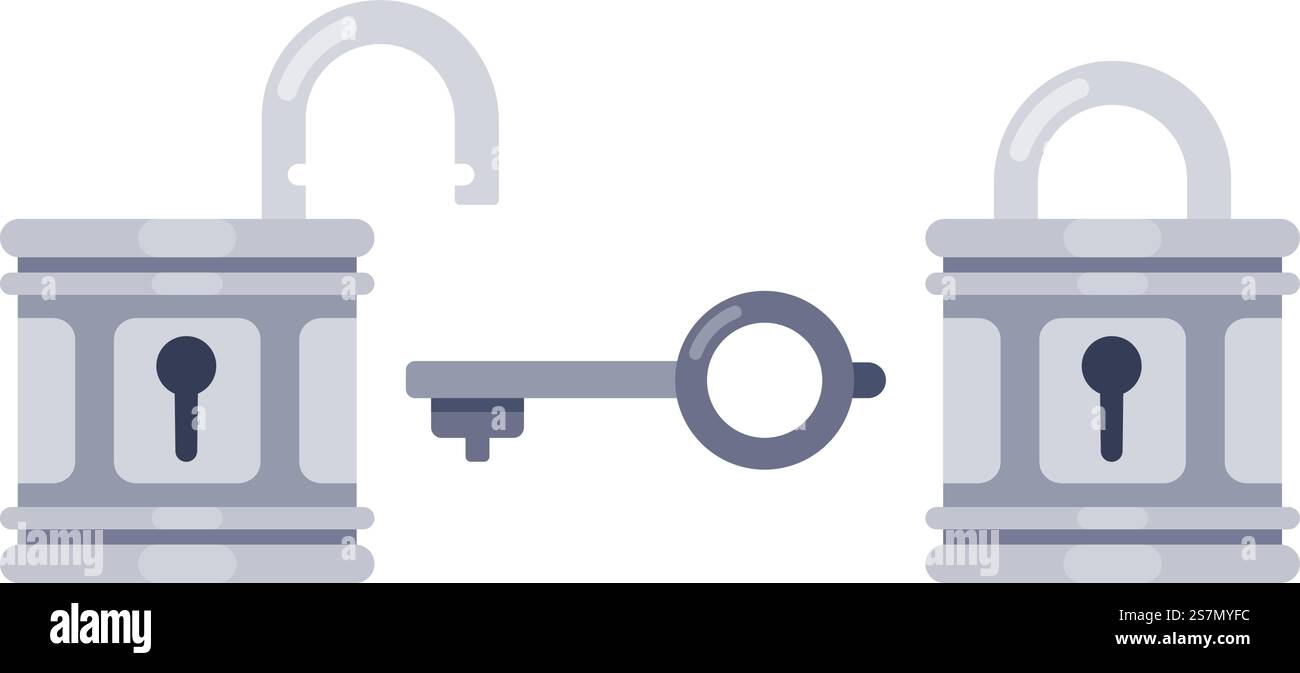 Lock and key. Open and locked locks, safety padlock keyhole. Opening lock, car unlock key or ...