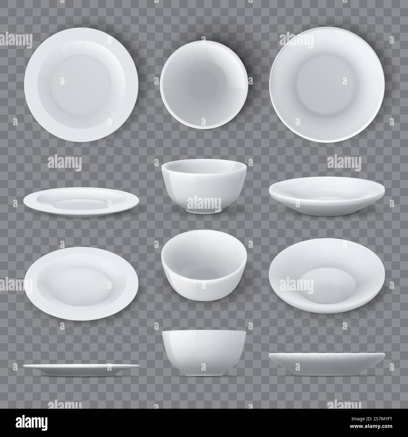 Dinner plates mockups. Realistic white ceramic dishes and empty bowl ...