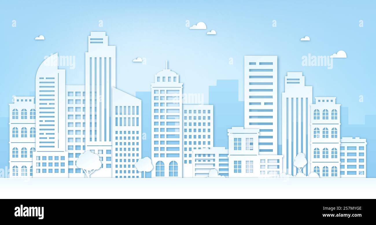Paper cut cityscape. City landscape with skyscrapers, buildings, trees ...