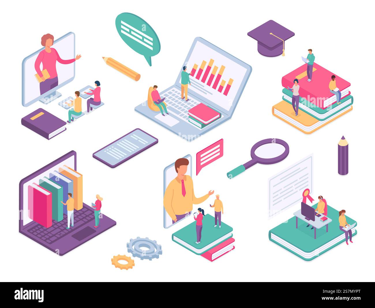 Isometric online education. Virtual class with students, books and ...