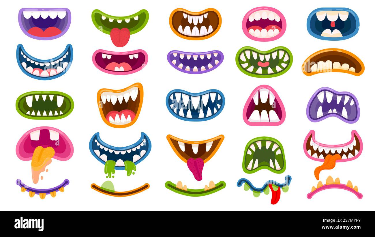 Cartoon monster mouths. Scary and mouth with teeth and tongue ...