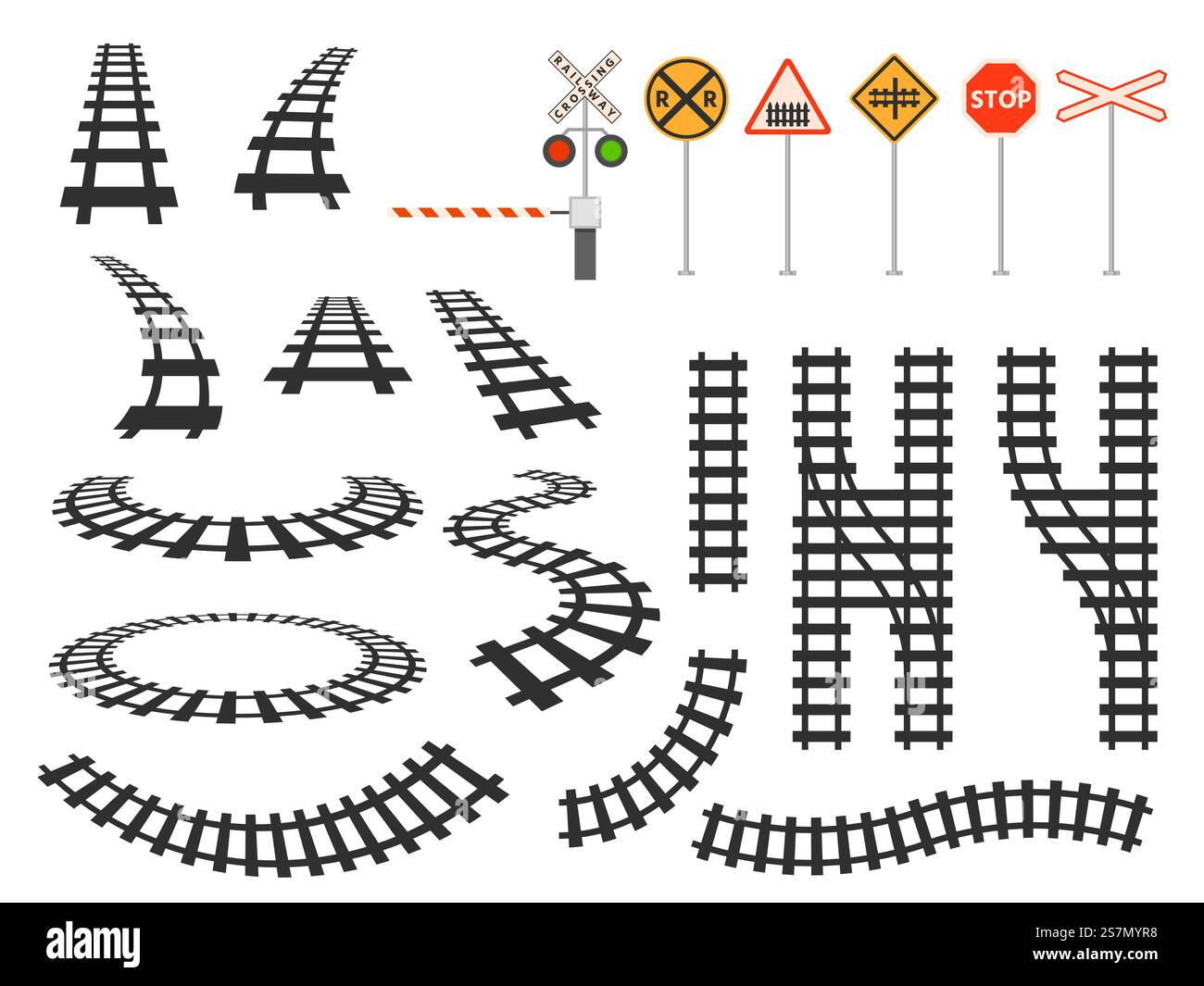 Train railway tracks curved silhouette, barrier and road signs. Railroad perspective and top map ...