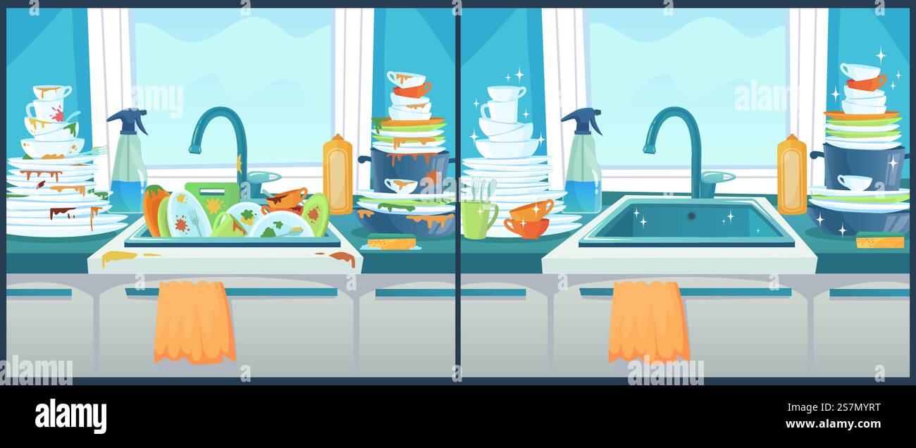 Washing dishes in sink. Dirty dish in kitchen, clean plates and messy ...