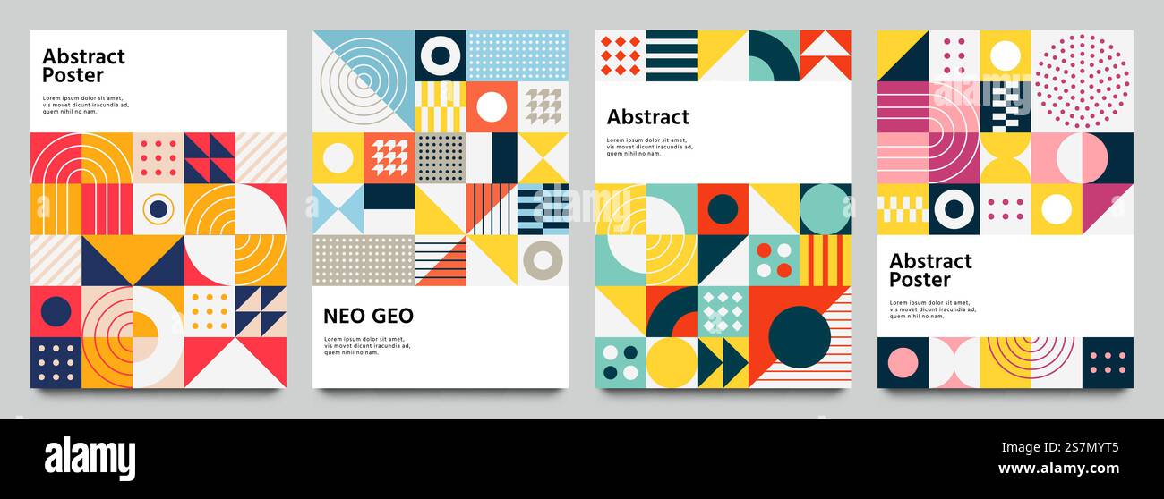 Color neo geo poster. Modern grid flyer with geometric shapes, geometry graphics and abstract ...