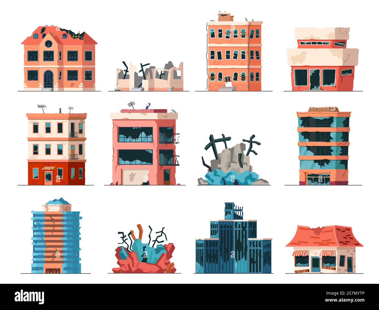 Old ruined, abandoned and collapsed city office buildings. Apartment ...