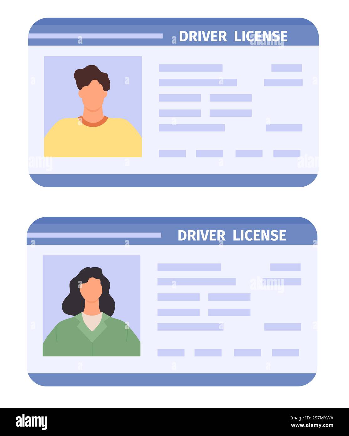 Drivers id card. Woman and man driving licences with photo. Flat ...
