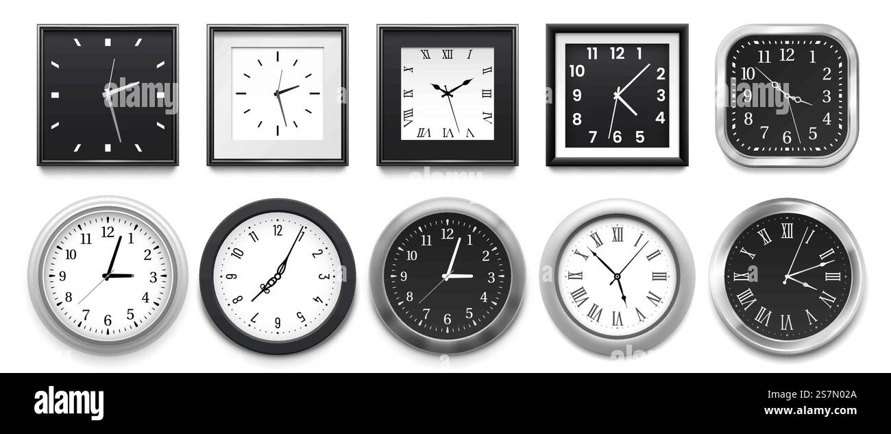 Realistic clock. Modern white round wall clocks, black watch face and ...