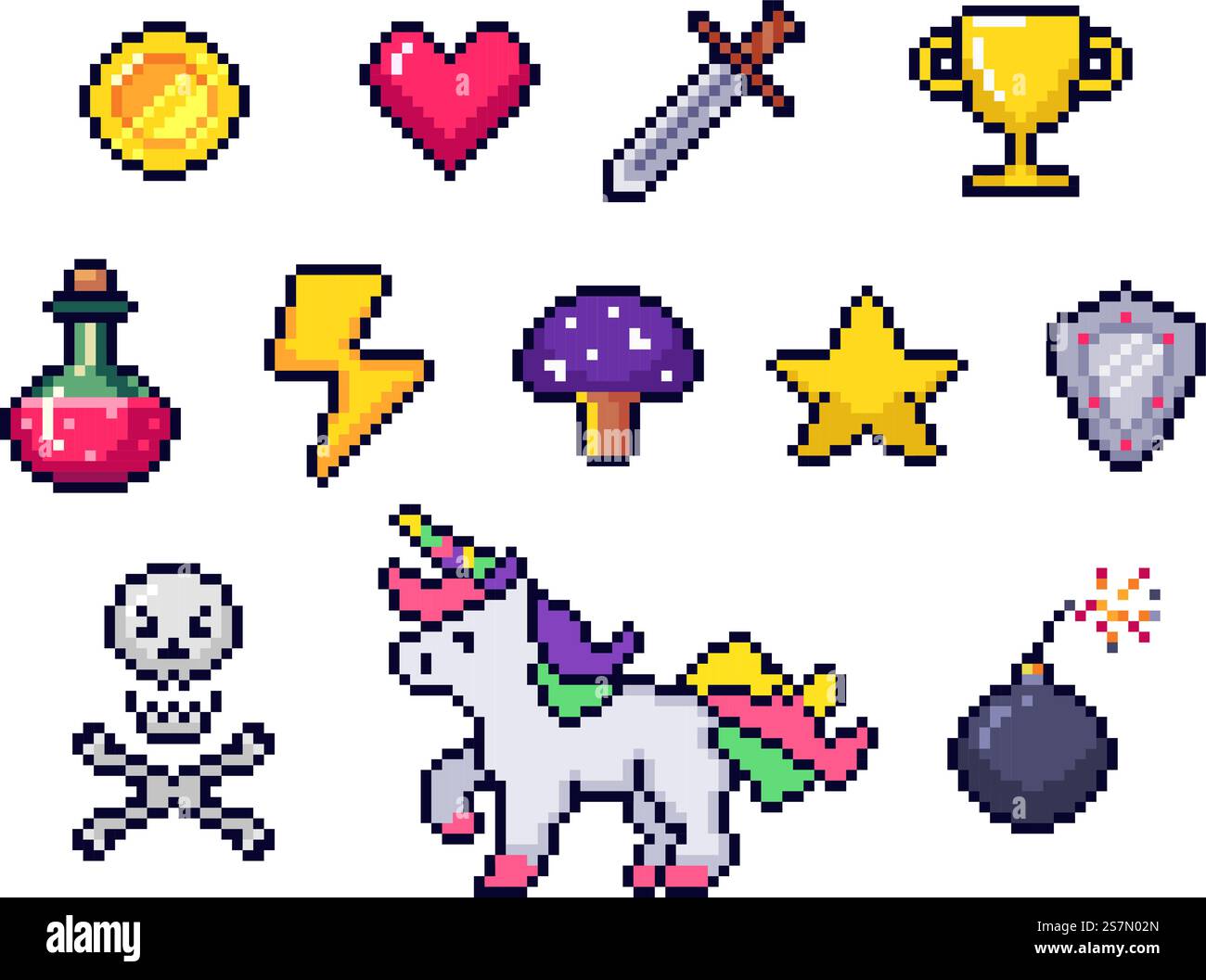 Pixel game items. Retro 8 bit games art, pixelated heart and star icon ...