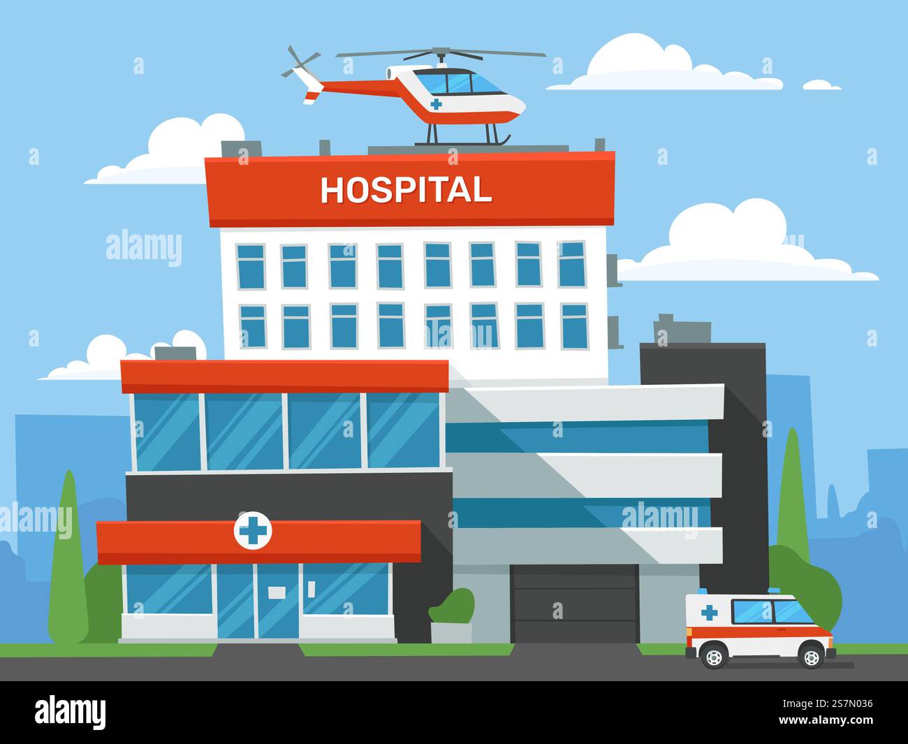 Cartoon hospital building. Emergency clinic, urgent medical help ...