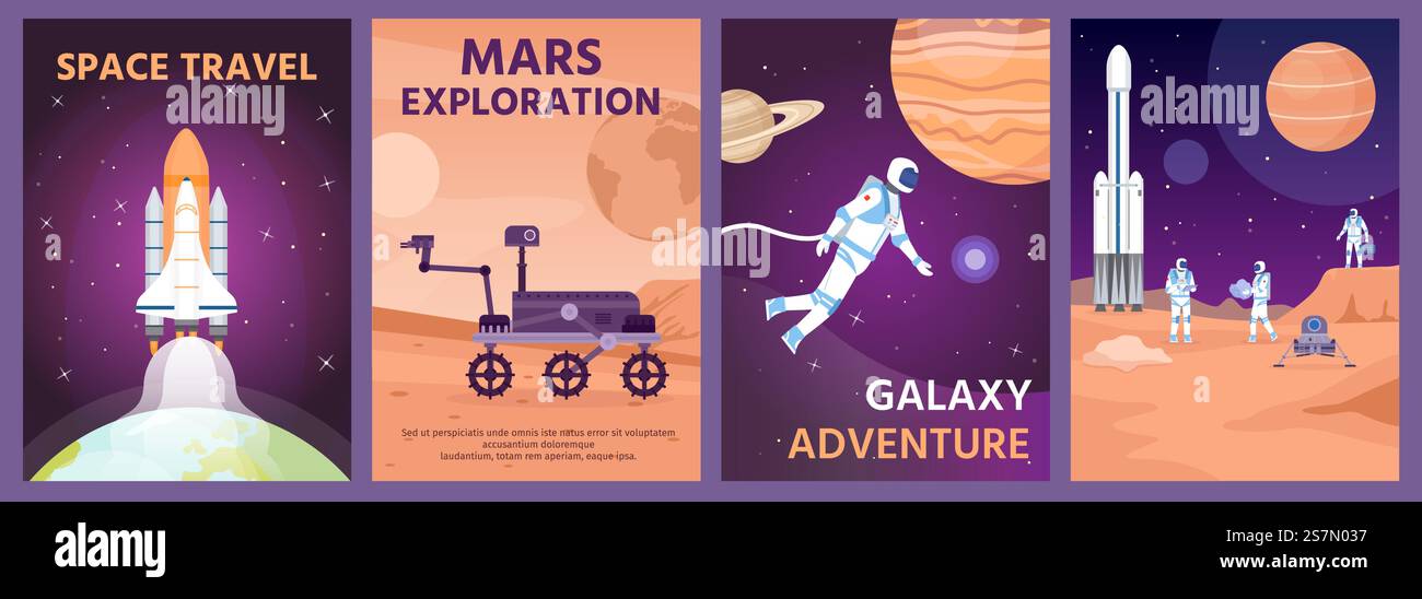 Space exploring poster. Galaxy landscape with rocket, planets and ...