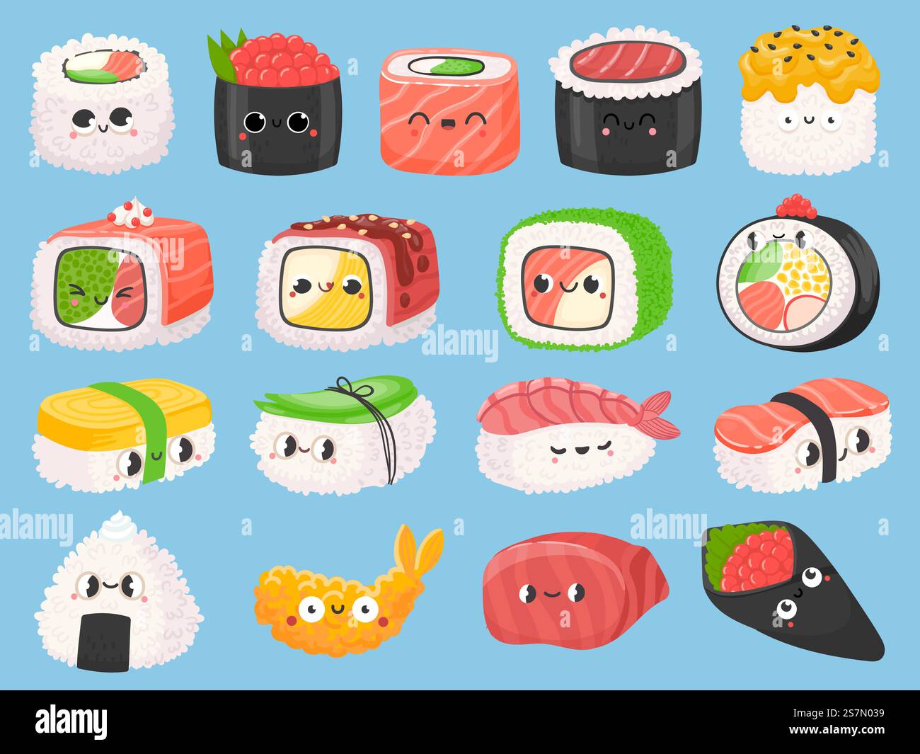 Cartoon japanese sushi, rolls and shrimp tempura with kawaii faces ...