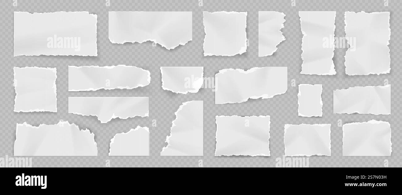 Realistic torn white paper pieces, rips, scraps and stripes. Notebook ...