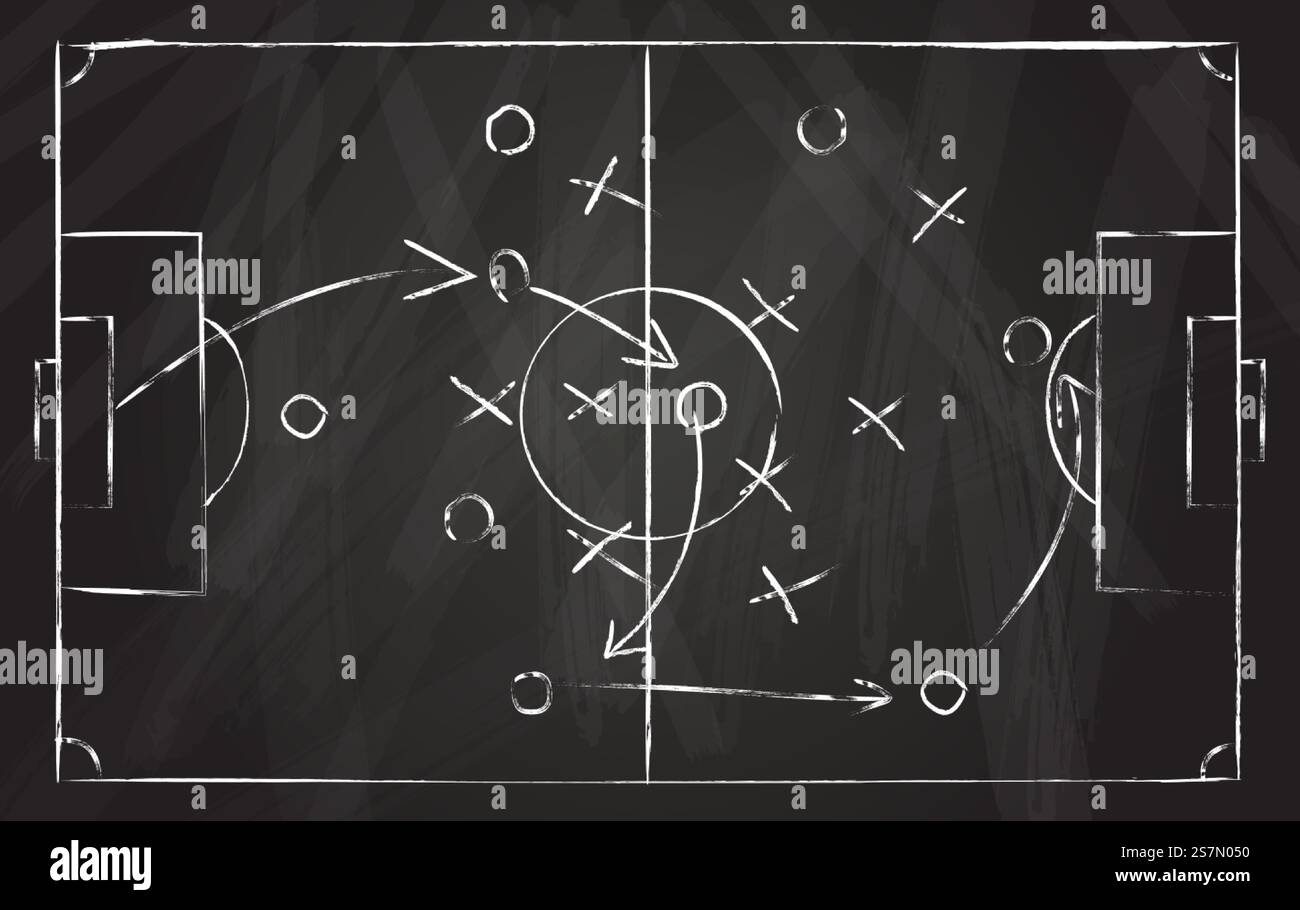 Football tactic scheme. Soccer game strategy with arrows on black chalk ...