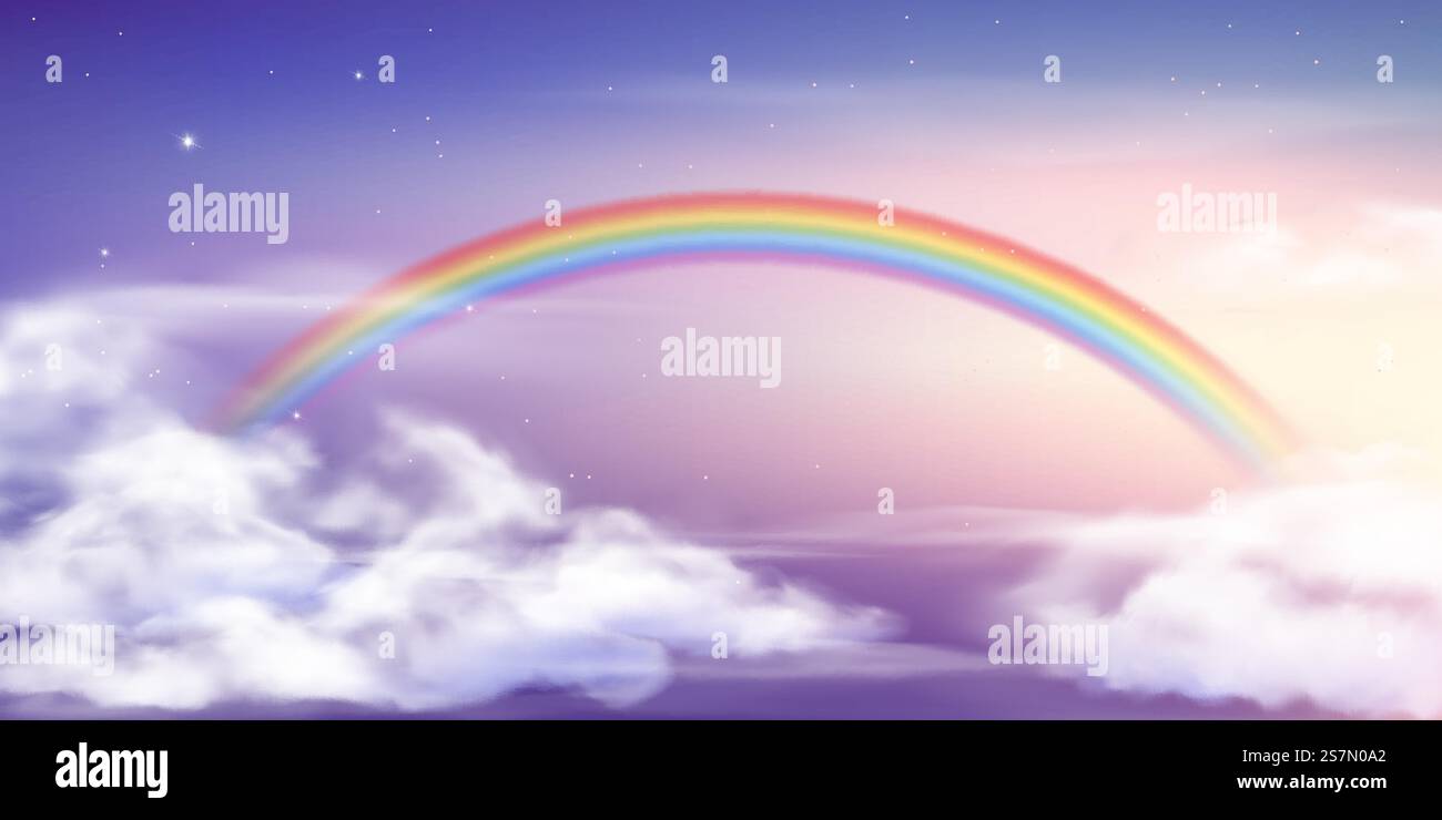 Fantasy sky rainbow. Fairy skies rainbows colors, magic landscape and ...