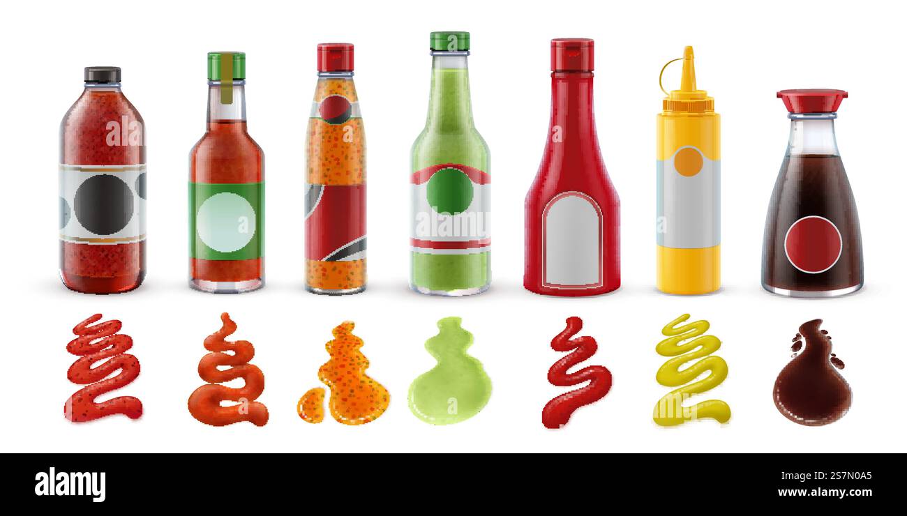 Realistic sauces in bottles. Hot chili, tomato ketchup, mustard and soy sauce in glass packaging ...
