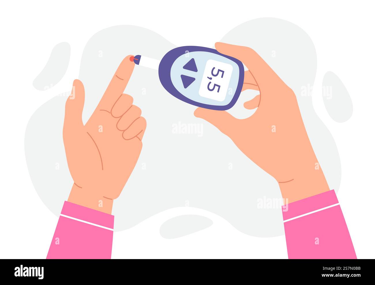 Blood glucose test. Hands hold glucometer and measures sugar level by ...